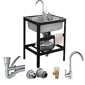 Utility Sink, Stainless steel commercial home kitchen sink, easy to install kitchen sink with hot and cold water faucet, water pipe, filter basket and other accessories. (Size : Length 22.8" Width 1