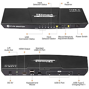 TESmart USB-C KVM Switch 3 in 1 Out, for 3 Computers and 1 Monitors, 4k@60 Hz, Supply Power to The Laptop Connected to Port 1, Type-C KVM