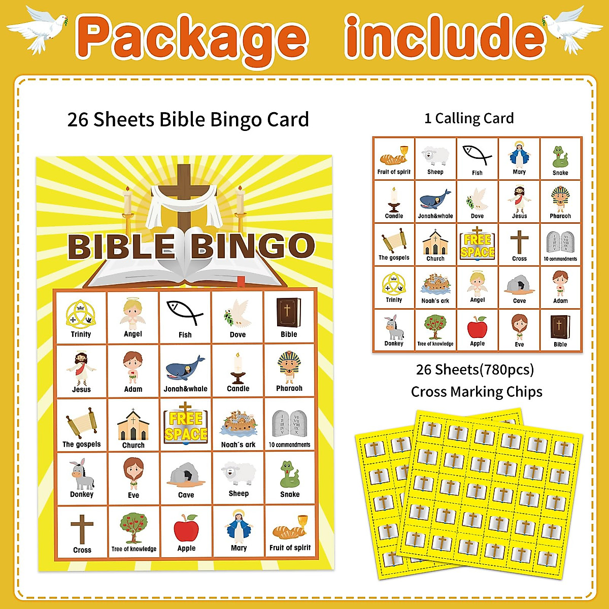 FLYAB Bible Bingo Game for Kids Adults 26 Players Christian Bible Bingo Cards Religious Bible Activities Games for Vacation Bible School Sunday Church Family Open Day Holiday Party Supplies