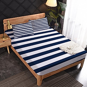 zcsm Nautical Sheets Queen Sheet Set - Navy Blue and White Stripe Bed Sheets, Soft Microfiber & Deep Pocket & Wrinkle Free Bedding Sheets & Pillowcases, 1 Fitted Sheet, 1 Flat Sheet, 2 Pillow Cases
