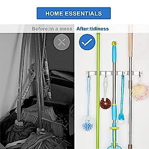 VOSIGREEN Broom & Mop Holder, Wall Mount Organizer Hanger for Rakes, Utensils, Tools-3 Clamps, 4 Hooks-17” Self Adhesive or Drillable Installation-For Kitchen, Garage, Garden, Office, Closet, 2 Pack
