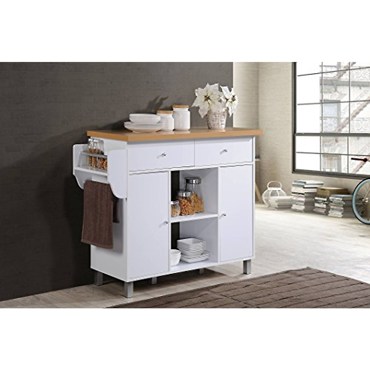 Hodedah Import Island with Spice Rack & Towel Rack Kitchen Cabinet