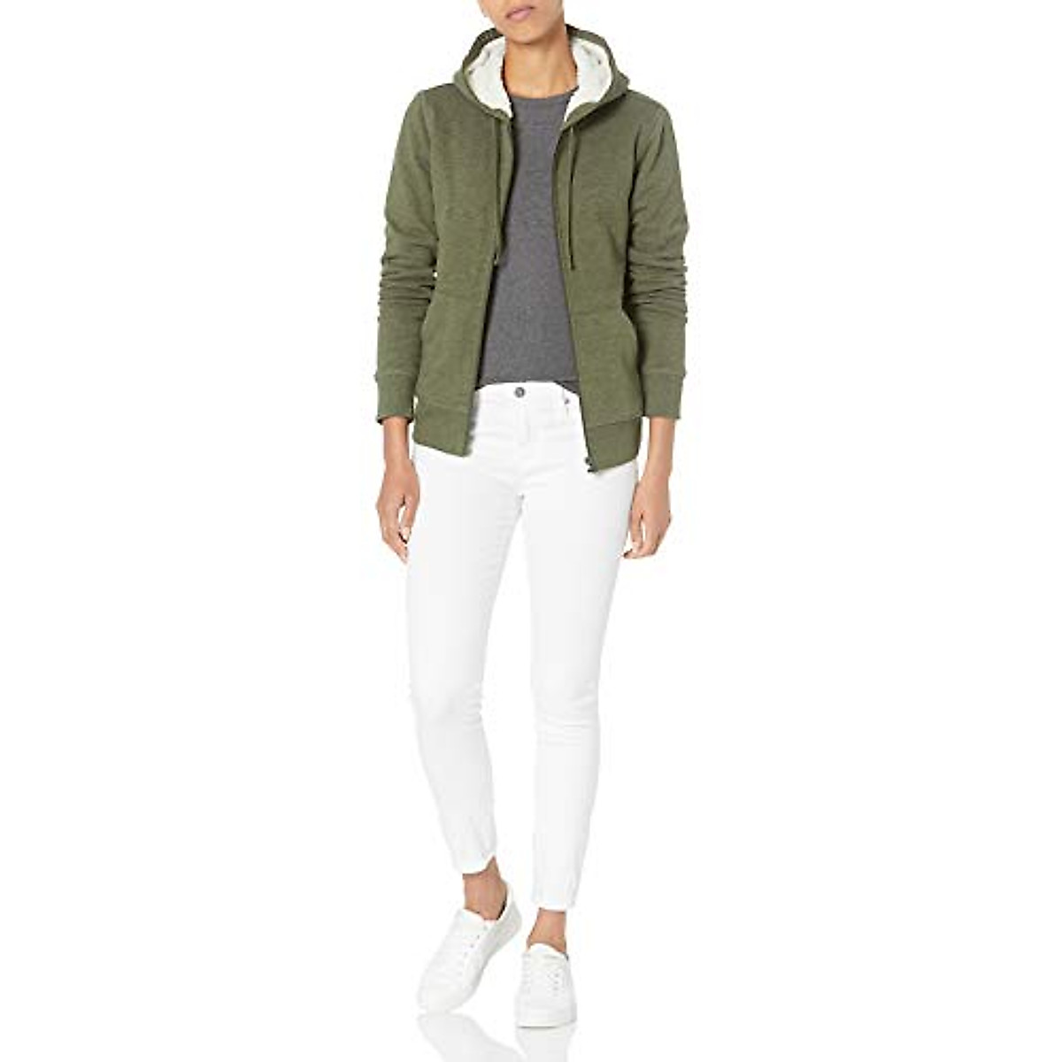 Amazon Essentials Women's Sherpa-Lined Fleece Full-Zip Hooded Jacket (Available in Plus Size), Olive Heather, Large