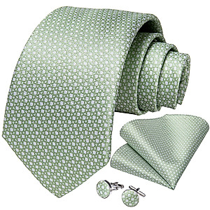 DiBanGu Mens Tie Set Silk Solid Paisley Necktie and Pocket Square Cufflinks Classic Formal Ties for Men Wedding Party, Sage Green
