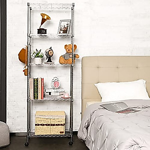 BATHWA 5-Shelf Wire Shelving Units, Sturdy Metal Shelf Chrome Organizer Wire Rack with 360° Wheels, Adjustable Utility Storage Shelves for Garage, Kitchen, Living Room, Bathroom, 23.2L x 13.8W x 72H