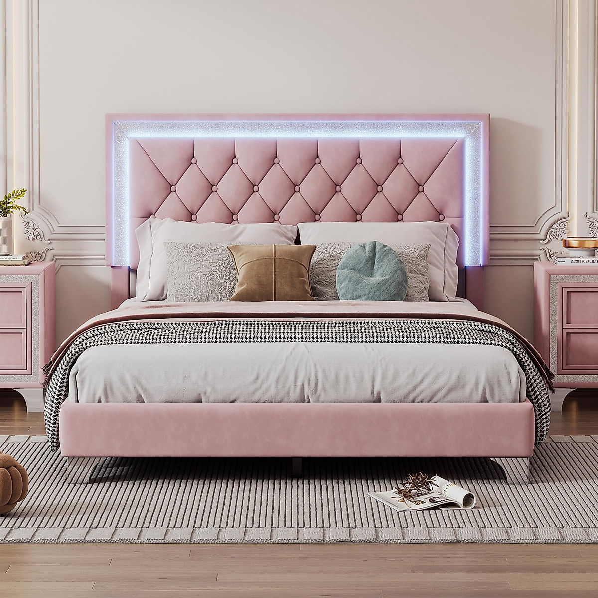 BEDGJH Upholstered Full Size Bed Frame with LED Lights, Modern Velvet Platform Bed with Tufted Headboard, Perfect for Kids Teens Girls & Boys Bedroom,No Box Spring Needed/Easy Assembly (Pink, Full)