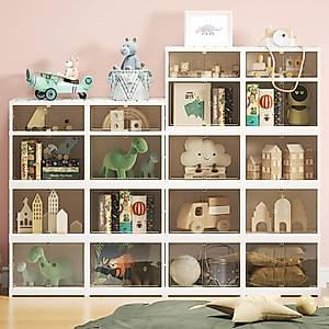 Luoxiao Plastic Storage Cabinet Collapsible Storage Bins with Doors 4 Tier 8 Grids Foldable Storage Boxes with Wheels Stackable Closet Organizer for Kitchen Bathroom Enterway White