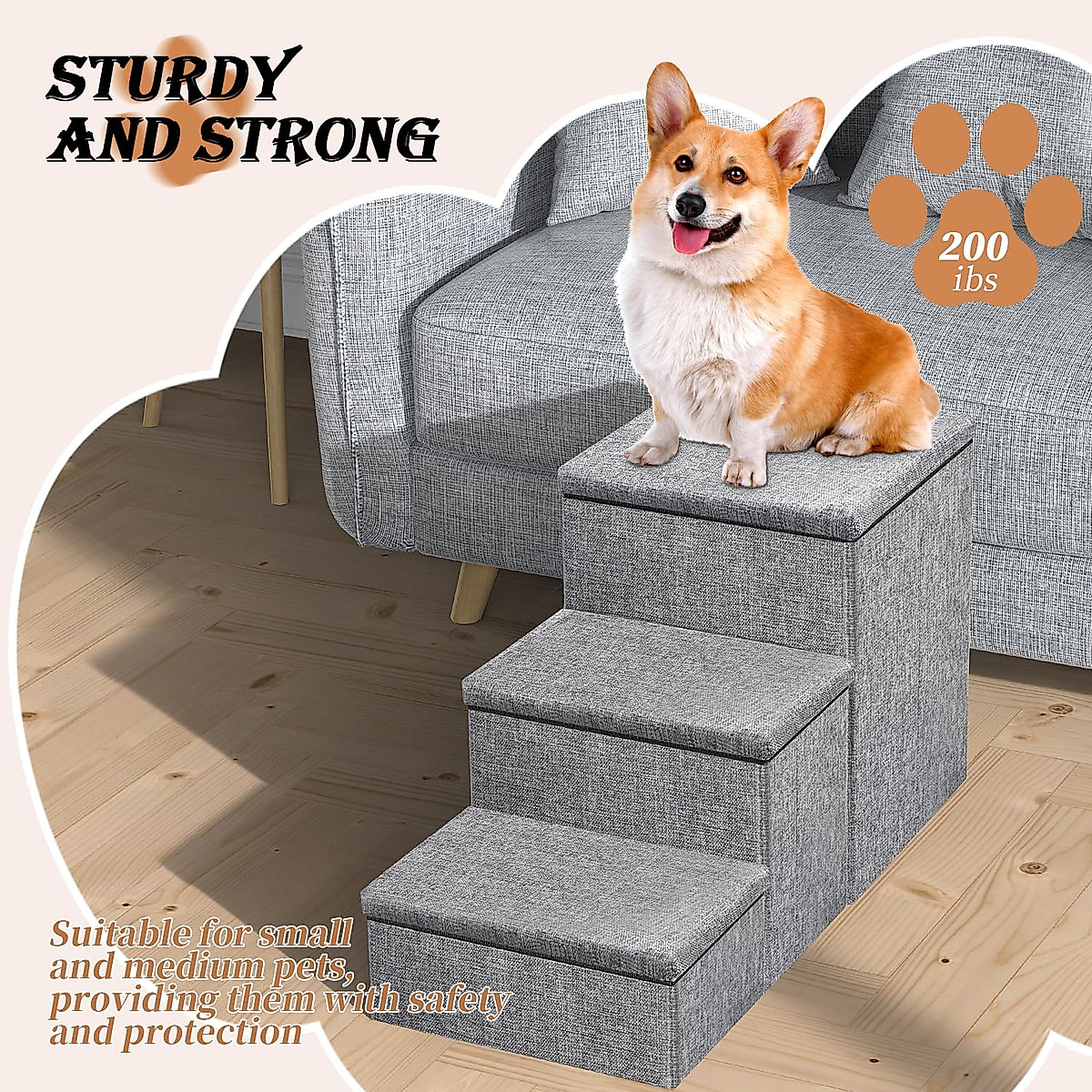 Colewin Dog Stairs for Small Dogs,Non-Slip Dog Steps for Bed and Couch,Dog Ramp for Bed with Storage and Condo,3 Steps Pet Stairs for Small/Medium/Large Dog