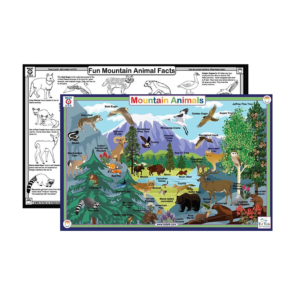 Tot Talk Mountain Animals Educational Placemat for Kids – Made in USA – Durable, Double-Sided, Learning Placemat with Mountain Wildlife & Nature Facts & Coloring– Waterproof, Wipeable, 17.5” x 11.5”