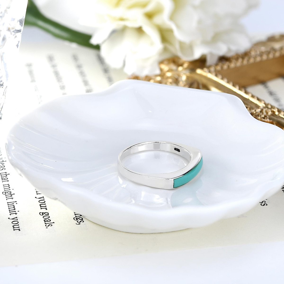 AeraVida Rectangular Bar Green Simulated Turquoise Stone Inlay .925 Sterling Silver Ring | Classic Wedding Rings For Women | Casual Comfort Fit Silver Rings for Women (8)