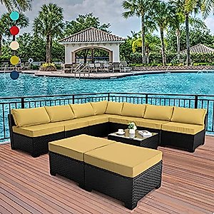 Patio Sectional Furniture Set 10-Piece Outdoor Wicker Conversation Sofa Couch with Olive Green Non-Slip Cushions Furniture Cover Black PE Rattan