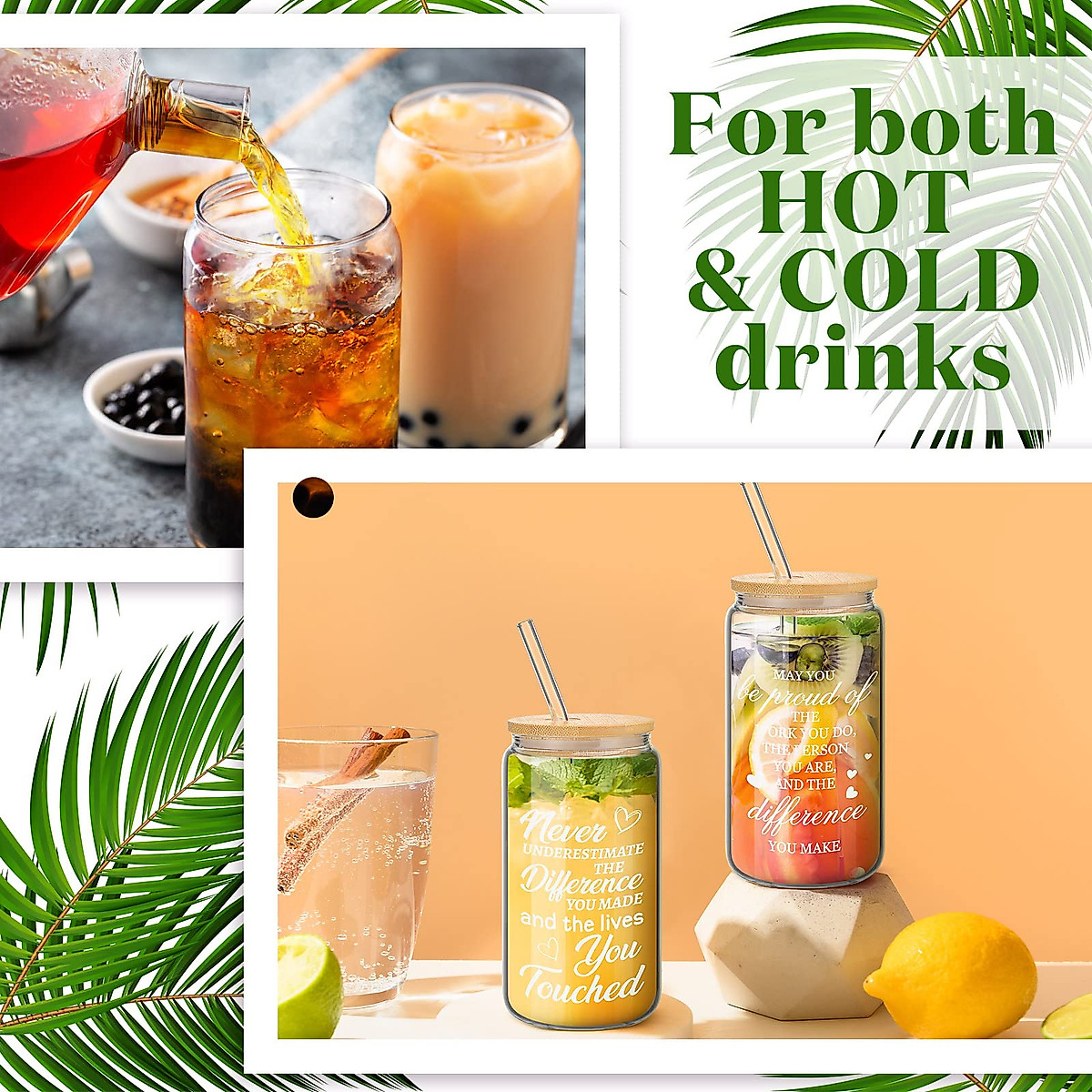 Jinei 4 Pcs 16 oz Employee Appreciation Gifts for Coworkers Bulk Inspirational Gifts Glass Cups with Bamboo Lids and Straws Set You're Awesome Thank You Gifts for Women Men