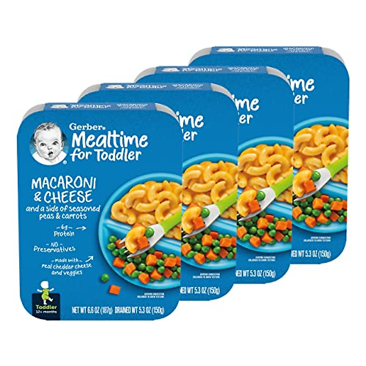 Gerber Mealtime for Toddler Macaroni & Cheese with Side of Seasoned Peas & Carrots, Made with Real Cheddar Cheese & Farm Grown Veggies, 6.6 OZ (Pack of 4)