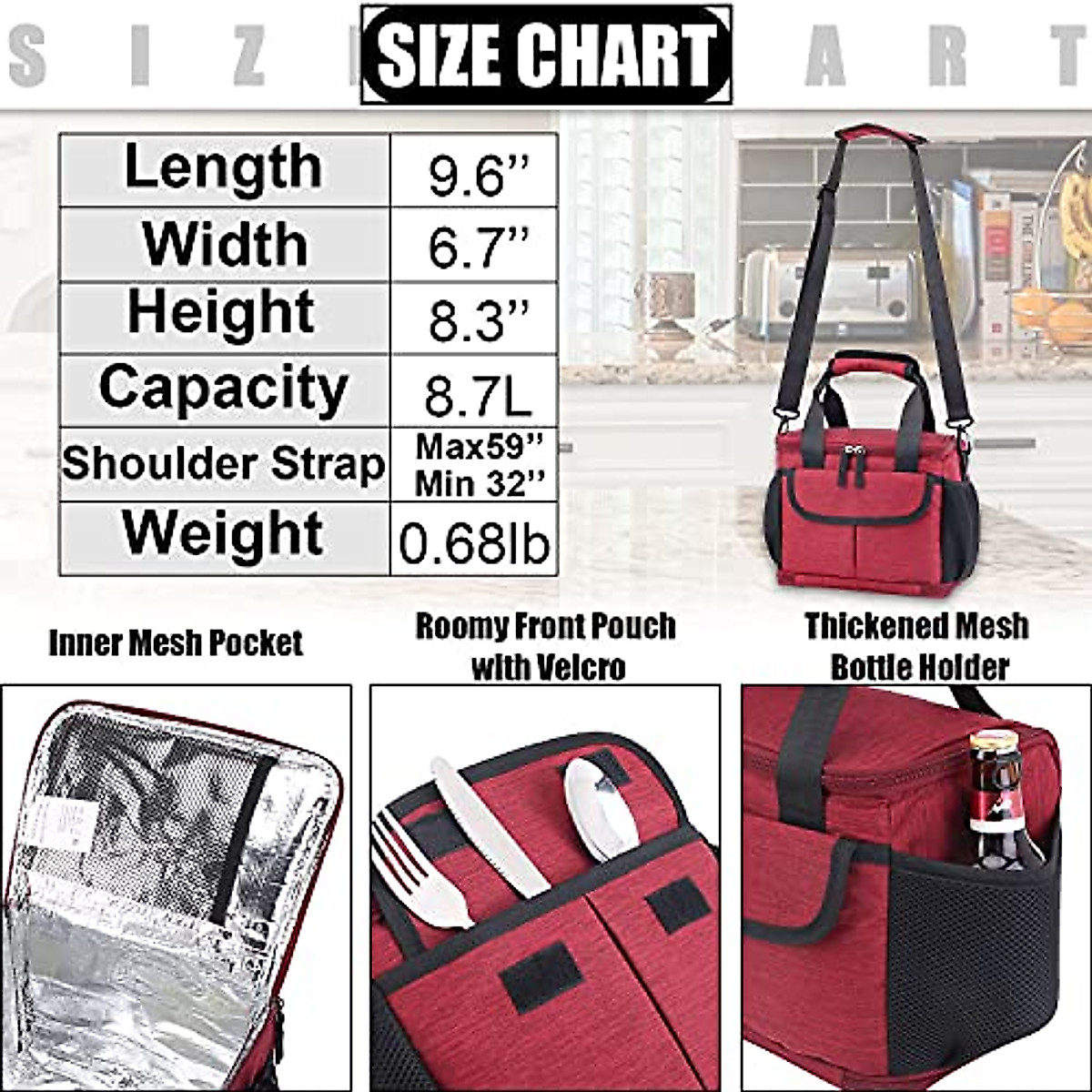 VENLING Collapsible Lunch Bag,Insulated Lunch Bag for Women/Men ，With Adjustable Straps, Office Work School Picnic Beach Reusable Lunch Box (Red)