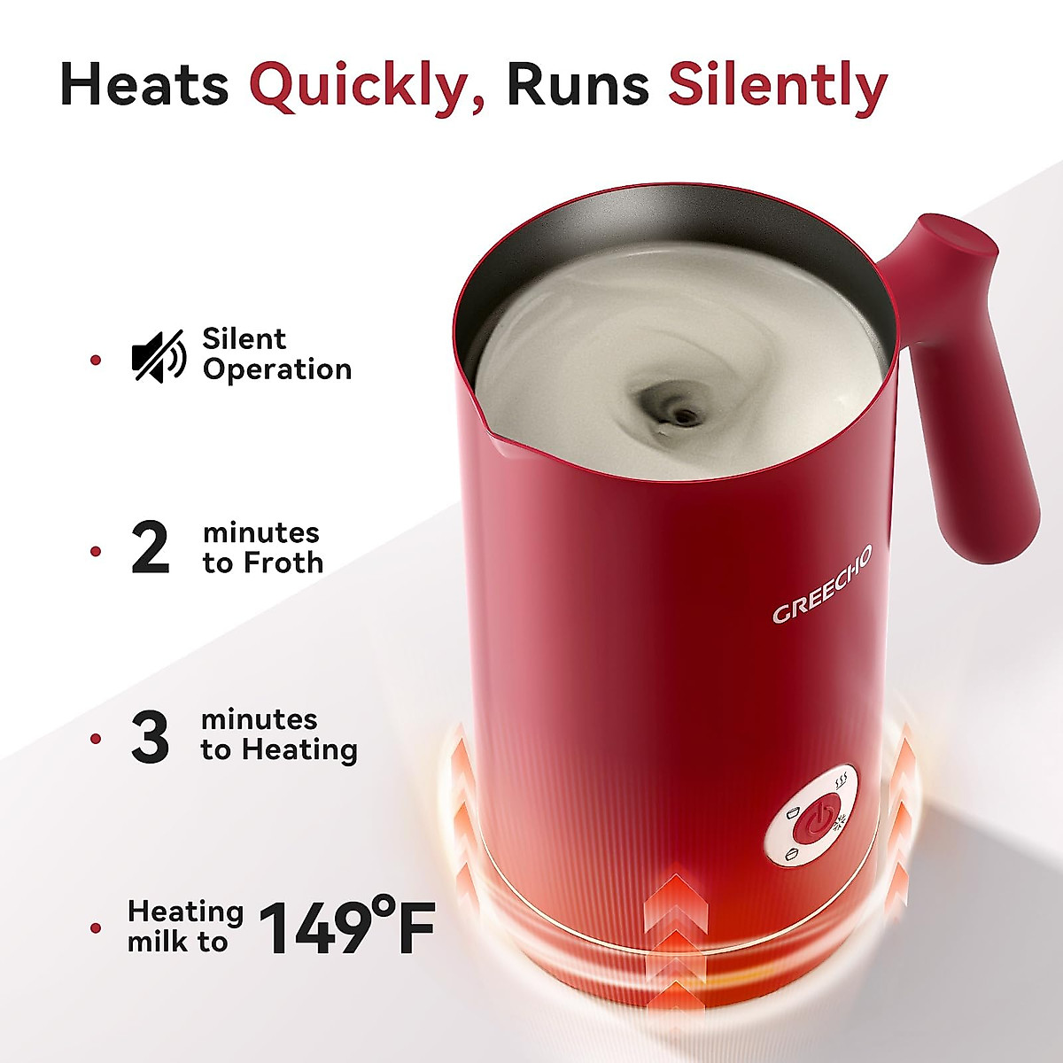 Milk Frother and Steamer, GREECHO 4 IN 1 Electric Milk Frother, 10.2oz/300ml Automatic Warm & Cold Milk Foamer for Coffee, Latte,Silent Operation & Automatic Shut-off, Viva Magenta Rose Red