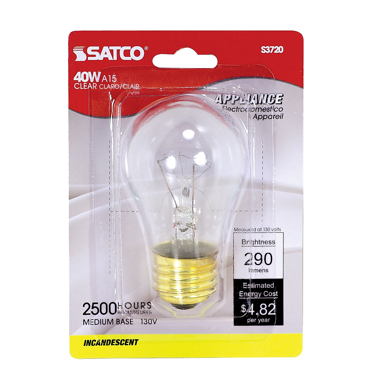 Satco S3720 130V Medium Base 40-Watt A15 Light Bulb, Clear