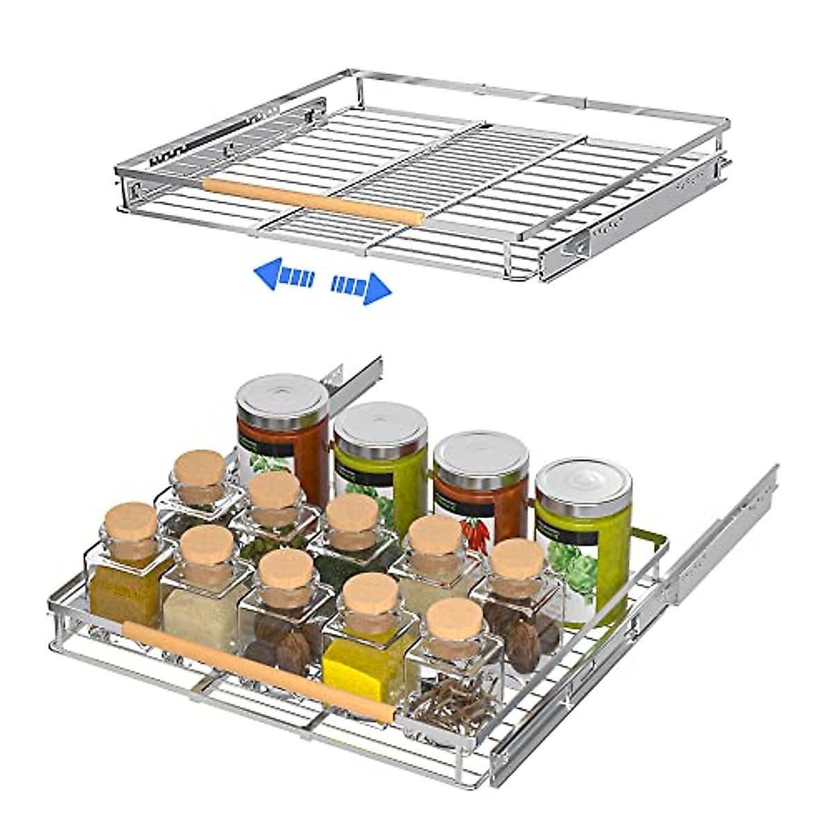Redrubbit 2 Pack Expandable Pull Out Drawers Cabinet Shelf Organizer, Heavy Steel Metal Wire Slide Out Kitchen Pantry Organizer Storage Shelf, Adjustable Width 16.3~26.3"x17.3" D