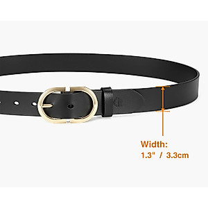 CR Womens Black Leather Belts for Jeans Pants - 1.3" Width Casual Ladies Belt - Fashion Center Bar Gold Buckle