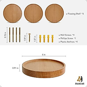 AceList 3-Pack Round Floating Shelves for Wall Decor, 6'' Diameter Beech Wood Circle Floating Shelf, Cup Plant Wall Shelves for Bedroom, Bedroom, Living Room, Bathroom, Kitchen