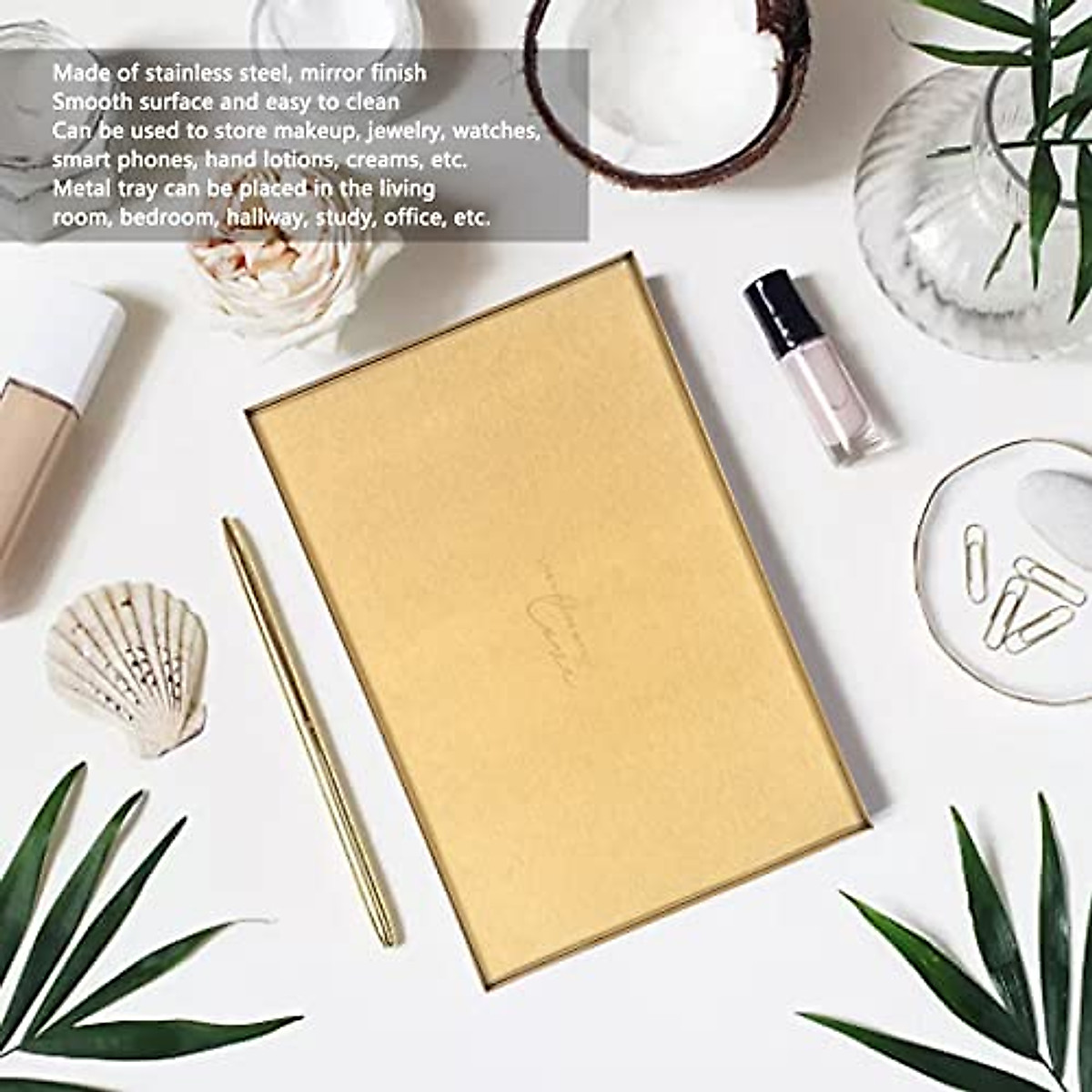 11.9x8.0 in Gold Rectangle Storage Tray Stainless Steel Tea Fruit Trays Desktop Cosmetics Perfume Jewelry Organizer Serving Tray for Home Living Room, Kitchen, Bathroom, Hotel