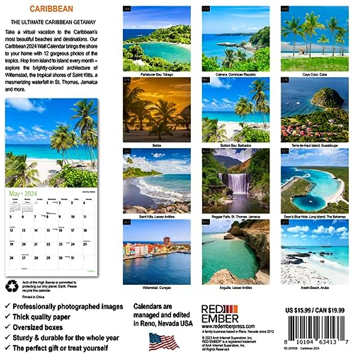 RED EMBER Caribbean 2024 Wall Calendar 12 Month | 12" x 24" Open | Thick & Sturdy Paper | Giftable | Calendar 2024