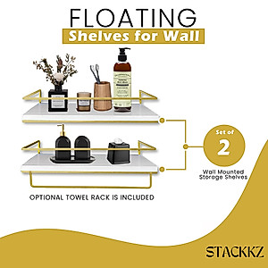 Stackkz - Floating Shelves for Wall Set of 2, Wall Mounted Storage Shelves, Towel Rack for Bathroom, Bedroom, Living Room, Kitchen, Office (White and Gold)