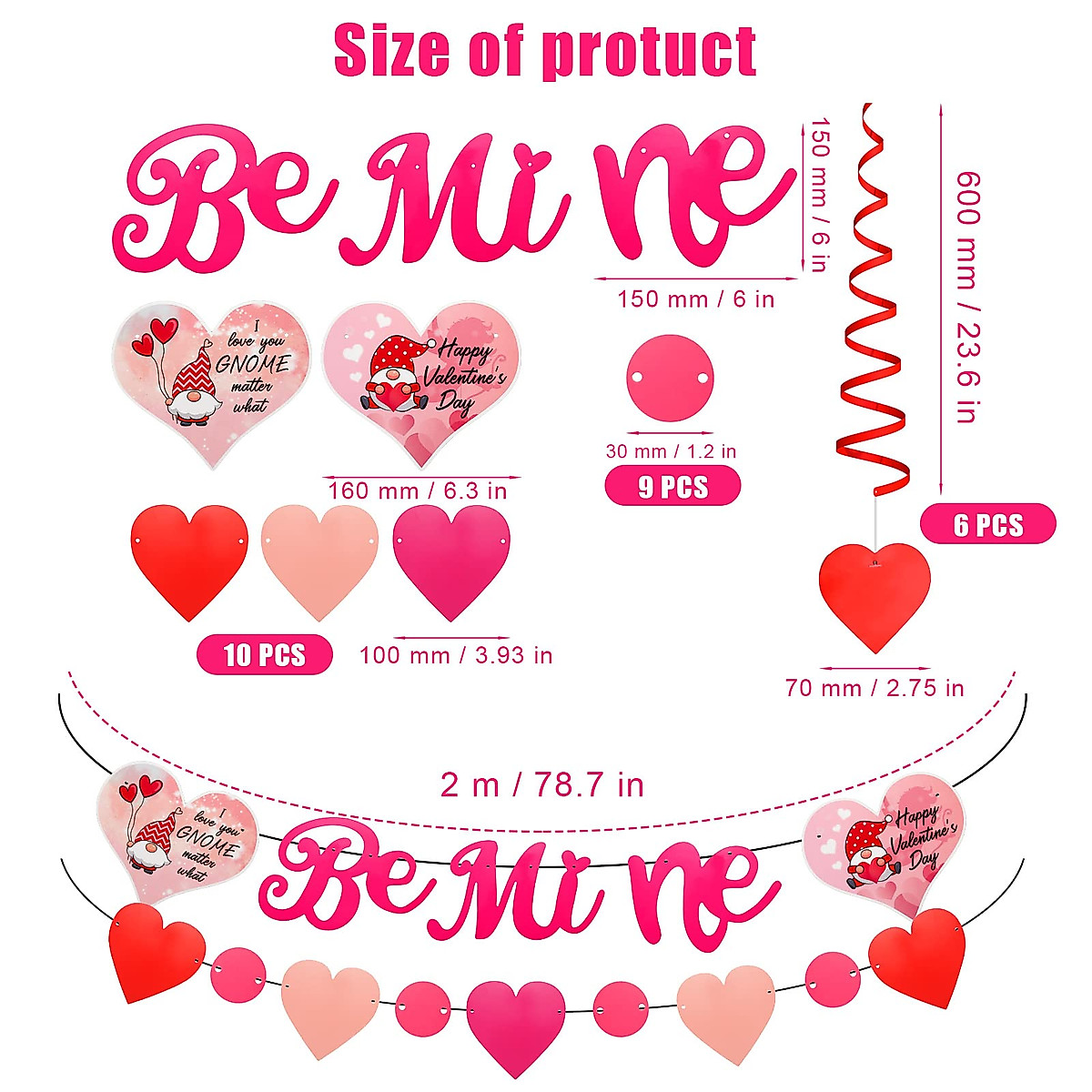 8pcs Valentines Day Heart Banners, Shining Heart Banner Decorations Hearts Garland for Valentines Day Weddings Birthday Parties