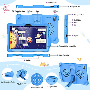 10.1 Inch Kids Tablet with Eye Protection,Android 12 Tablet for Kids,1280x800 HD IPS,3GB+32GB,6000mAh Dual Camera WiFi Bluetooth Tablet,Children Tablet with Shock-Proof Case YouTube Netflix(Blue)