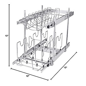 Mecete Pull Out Cabinet Base Organizer Pull-Out 2-Tier Base Cabinet Cookware Organizer (12 Inches) for Pots, Pans, and Lid Cookware, Chrome