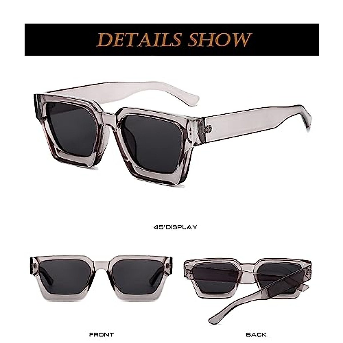 EYLRIM Thick Square Frame Sunglasses for Women Men Fashion Chunky Rectangle Sun Glasses Black Shades(10 Transparent Grey/Grey)