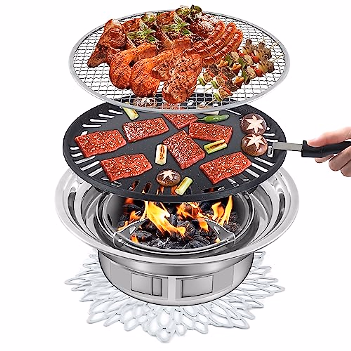 Panghuhu88 Korean BBQ Grill,Portable Household Charcoal Barbecue Grill, Non-stick Round Carbon Barbecue Grill with Insulation Pad Camping Grill Stove for Outdoor and Picnic
