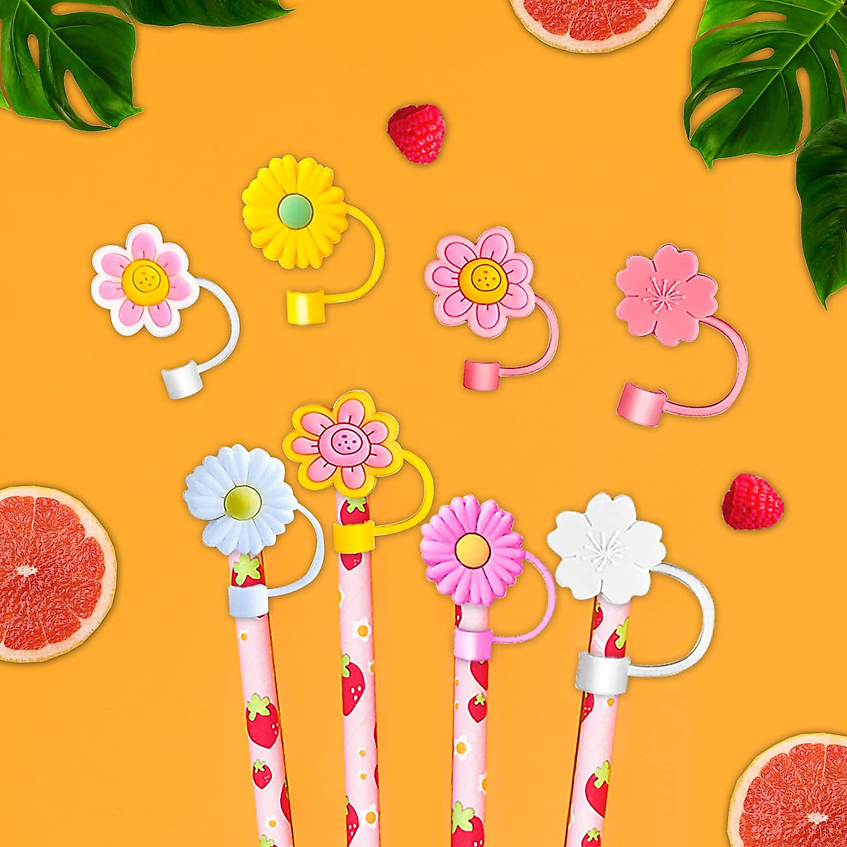 Silicone Straw Tips Cover 8 Pack Reusable Cute Straw Plugs Drinking Straw Tips Lids Anti-dust Silicone Straw Caps for 6-8 mm Straws Airtight Seal Splash Proof Straw Tips Covers (Flower style)
