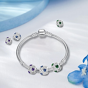 QeenseKc Openwork Mouse Heart Love Round Charm Animal Sparkling Bule CZ Beads for Pandora Bracelet