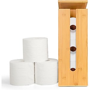 Bamboo Toilet Paper Holder Free Standing, Wood Toilet Paper Storage Rack with Lid Fits 3 Mega Toilet Paper (Bamboo, Rectangular)