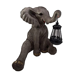 Ebros Safari Savanna Wildlife Animal Melee Adorable Pachy Elephant Statue Home Patio Decor Figurine with Solar LED Light Lantern Lamp 13.75"H Guest Greeter Elephants Path Lighter Sculpture
