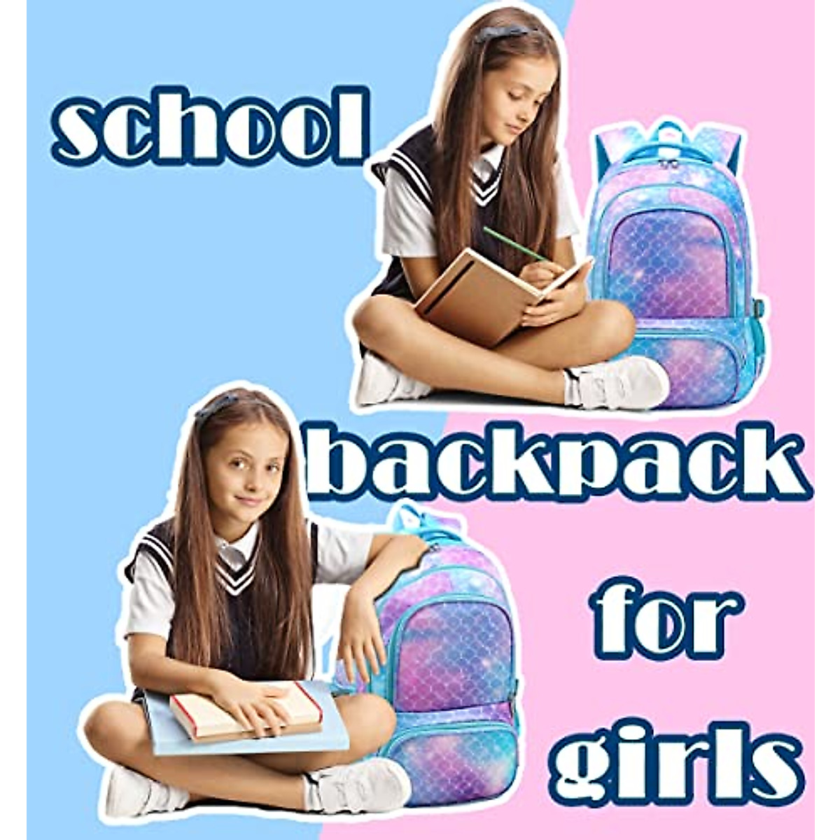 BLUEFAIRY Girls Backpack for Kids Elementary School Bags Primary School Cute Book Bags Child Mermaid Gifts Mochila para Niñas 4-6 6-8 8-10 Years old 17Inch (Blue)