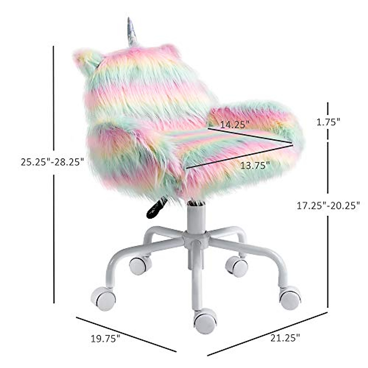 HOMCOM Fluffy Unicorn Office Chair with Mid-Back and Armrest Support, 5 Star Swivel Wheel White Base, Rainbow