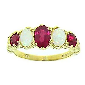 LetsBuyGold 14k Yellow Gold Natural Ruby and Opal Womens Band Ring - Size 4.75