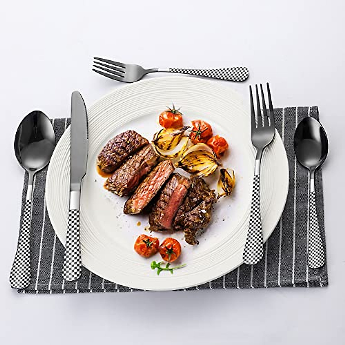 CREATIVE HOBBIES 20-Piece Silverware Set For 5,Checkered Pattern Mirror Finish Smooth Stainless Steel Fork Spoon Set Silverware Flatware Cutlery Set Include Knife/Fork/Spoon,D