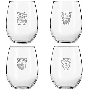 Cute Owl Wine Glass Set of 4 | Stemless Wine Glasses with 4 Unique Loveable Owls | 15 oz. Owl Decor Glasses | Makes Fun Owl for Women | Great Owl Kitchen Decor or New Home Gift Ideas | USA Made