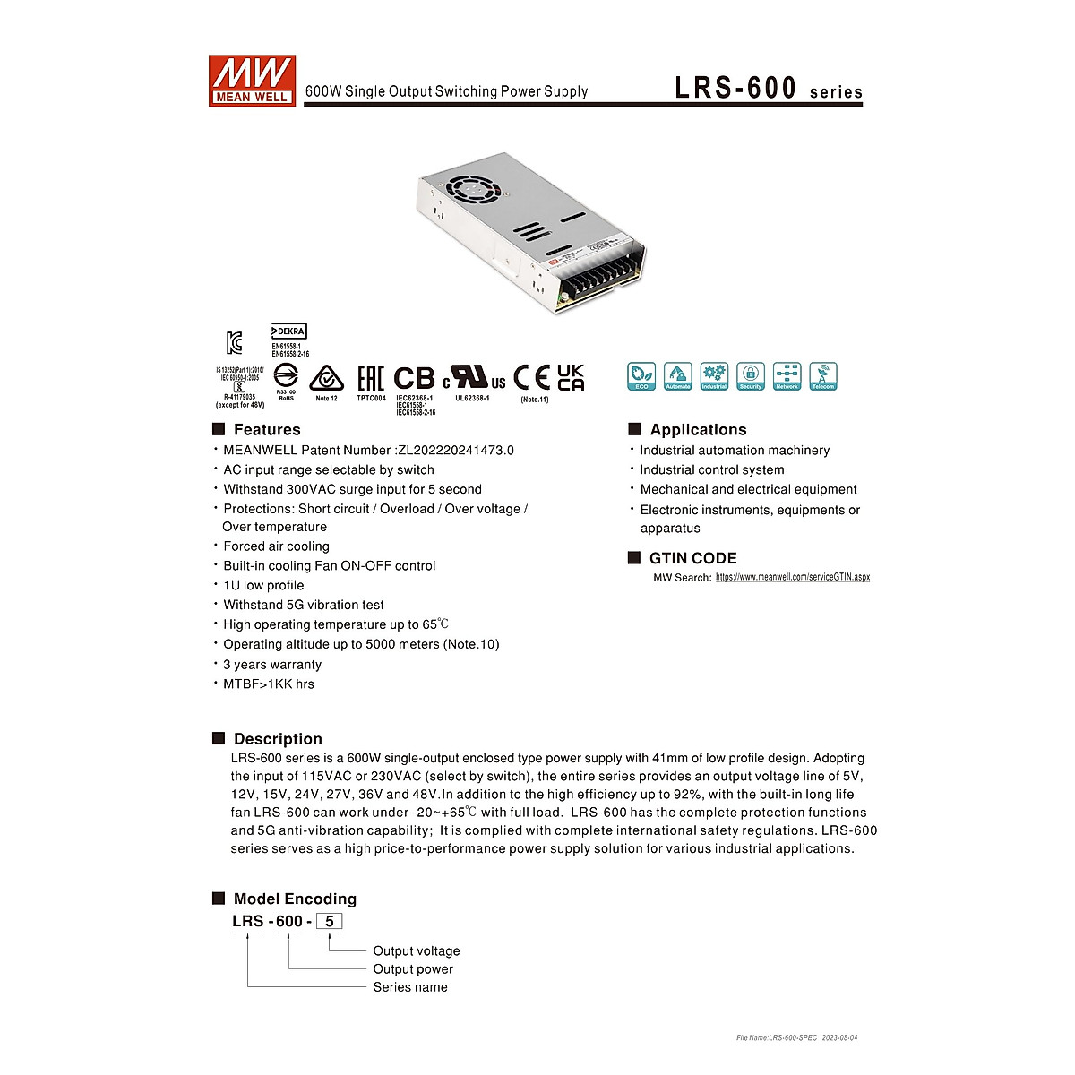 Mean Well LRS-600-36 597.6W Single Output Switching Power Supply LRS-600 36V/16.6A