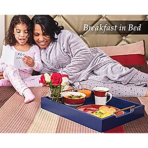 Deluxe Ottoman Tray- Wooden Serving Tray with Handles and Incorporated Cup Holder- Mid Century Modern Décor- Dark Navy Blue Tray 18"x14"x.3