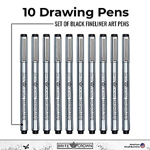 Brite Crown Drawing And Sketching Pens Set - 10 Black Fineliner Pens 0.2mm To 1.0mm Width Tips & 2.5mm Micro Calligraphy Brush-tip Pen, Ideal Gift Idea For Artists And Beginners