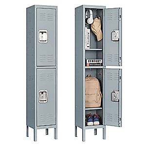 Metal Locker for School Office Storage Locker Employees Locker for School, Gym Lockers, Corridor Locker, Locker Storage Cabinets, 66 Inches High (Grey, 2 Doors)