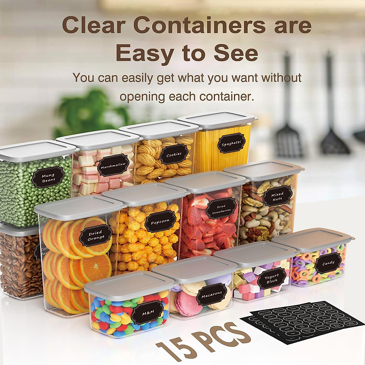 Homhut Airtight Food Storage Containers With Lids 15pcs Organization Canisters Kitchen Bpa Free Plastic Pantry Containers Storage Set for Pasta, Cereal, Dry Food, Flour and Sugar-60 Labels