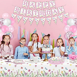 225 Pack Spring Wildflower Party Decorations Floral Tableware Plates Balloons Decorations Wildflower Dinnerware Party Favor for Birthday Baby Shower Bridal Shower Garden Tea Party Serves 20