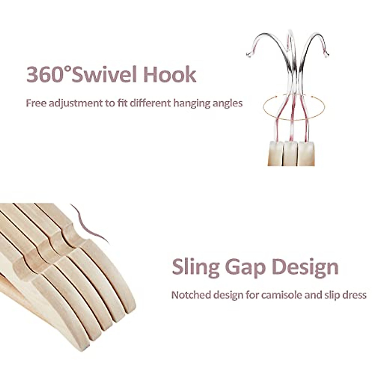 ROSOS Wooden Hangers 20 Pack, Solid Wood Hangers with 360 Swivel Chrome Hook, Smooth Finish & Precisely Cut Notches, Slim Wooden Coat Hangers for Closet, Natural