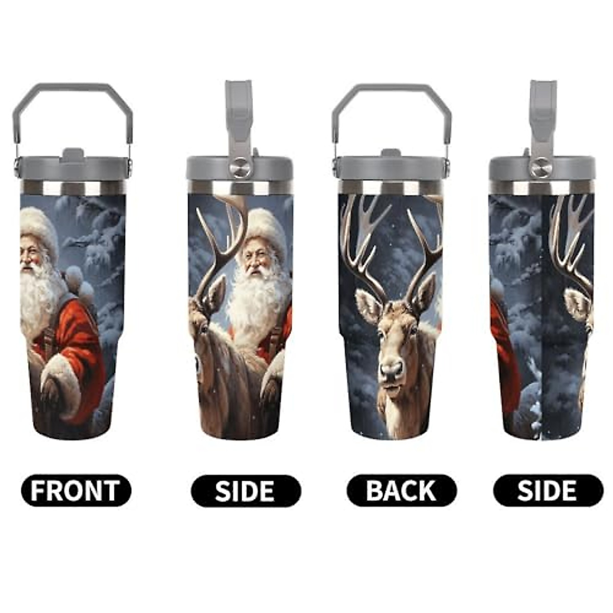 BWQJKUO Large Capacity Car Cup 30 Oz Stainless Steel Santa Claus And Deer Elk Printed Travel Mug Leak-proof Flip Straw Tumbler with Handle,keeps Cold Or Ho