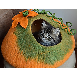 Cat Cave Bed, Orange Green Handmade Felted Merino Wool, Large Covered and Cozy, Also Perfect for Kittens, Includes Bonus Catnip, Original Cat Caves, (Radiant Realm)