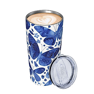 EVANEM 20 Oz Stainless Steel Tumbler With Straw Cleaner Blue Butterflies Printed Insulated Cup Travel Coffee Mug Vacuum Insulated Tumblers For Home Office